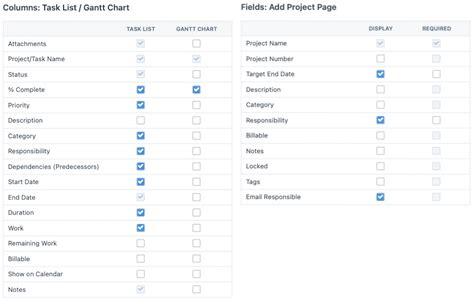 hide display task list columns and add project fields workzone