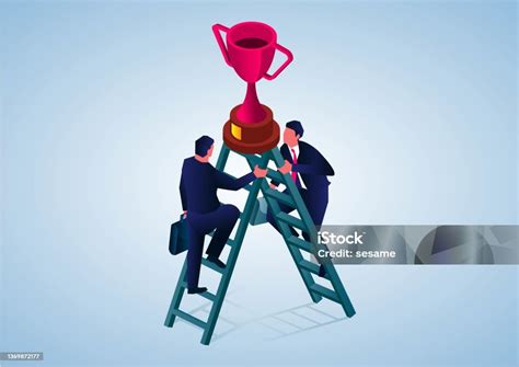 사다리 커리어 경쟁 프로젝트 경쟁의 꼭대기에서 트로피를 차지하기 위해 사다리를 오르는 두 명의 사업가 1에 대한 스톡 벡터 아트 및 기타 이미지 Istock