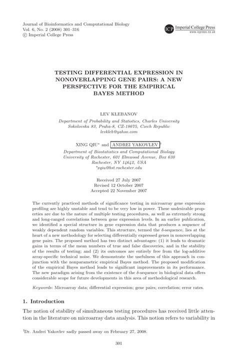 Pdf Testing Differential Expression In Nonoverlapping Gene Pairs A New Perspective For The