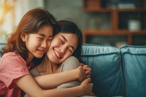 Alegre Joven Madre Japonesa Feliz Con Hija Adolescente Sentada En El