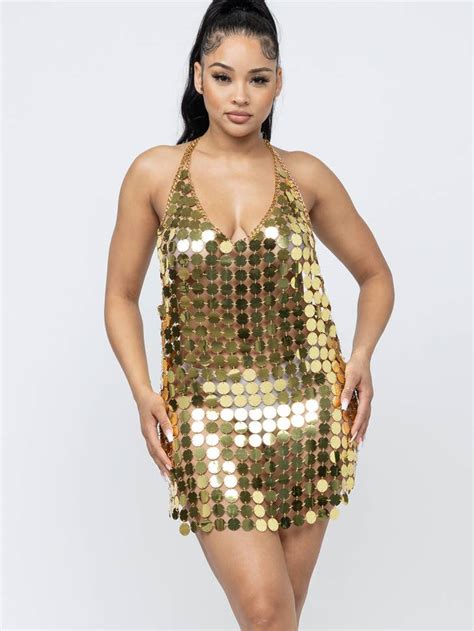 Wholesale Disc Chainmail Sequin Open Back Halter Mini Dress For Your