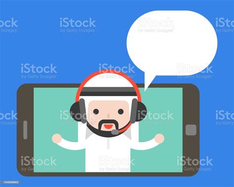 태블릿이나 스마트폰 화면에 빈 거품 비즈니스 전자 상거래 통신 온라인 개념 헤드폰으로 귀여운 아랍 사업가 고객에 대한 스톡 벡터