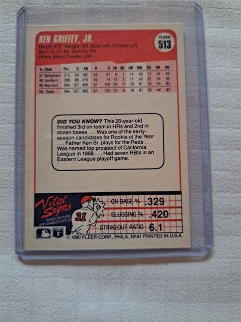 1990 Fleer 513 Ken Griffey Jr Wblue Heart Error Ebay