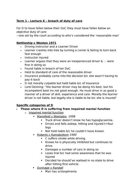 Breach Of Duty Of Care Lecture Notes 6 Term 1 Lecture 6 Breach
