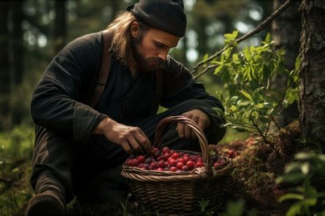 Diligent Man Squatting Basket For Berries Generate Ai