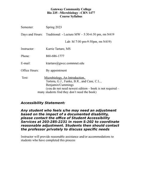 Micro Syllabus Spring 2023 Gateway Community College Bio 235