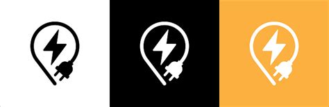 전력 아이콘입니다 전원 기호 전기 플러그 이미지 조합이 있는 핀 맵 내부의 번개 섬광 벡터 스톡 그림입니다 검은 흰색과 노란색 배경의 색상입니다 가상현실에 대한 스톡 벡터