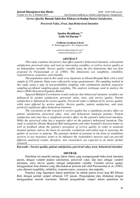 Pdf Service Quality Rumah Sakit Dan Efeknya Terhadap Patient Satisfaction Perceived Value