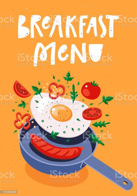 아침 식사 메뉴 포스터 디자인입니다 팬에 계란과 소시지 튀김 아침 식사 메뉴 자필 레터링 벡터 그림입니다 건강한 생활방식에 대한 스톡 벡터 아트 및 기타 이미지 Istock
