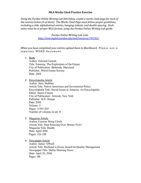 Mla Works Cited Practice Exercise MLA Works Cited Practice Exercise Using The Purdue Online