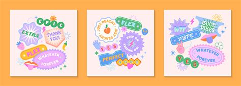 90년대 스타일의 패치와 스티커가 있는 귀여운 템플릿의 벡터 세트 강렬하고 밝은 색상에 대한 스톡 벡터 아트 및 기타 이미지 강렬하고 밝은 색상 개념 고객 참여