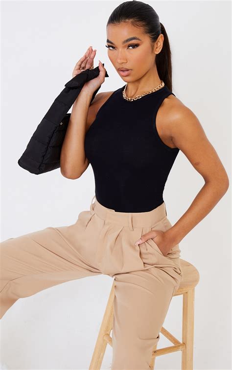 Black Soft Rib Racer Neck Sleeveless Bodysuit Tops