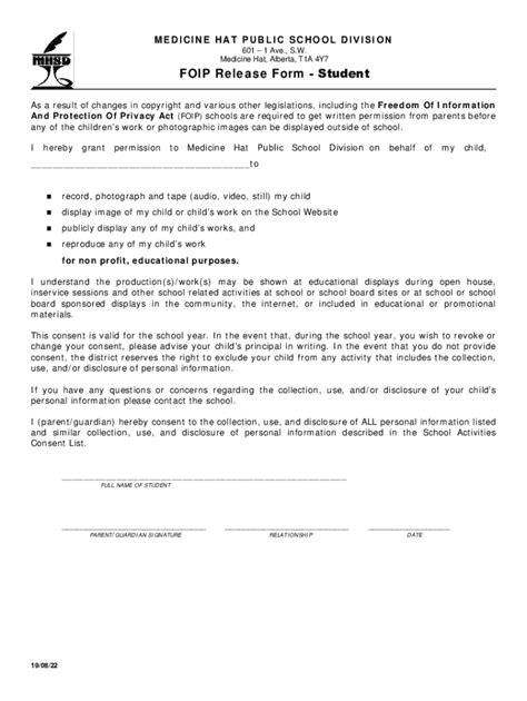Fillable Online Medicine Hat Public School Division Foip Release Form