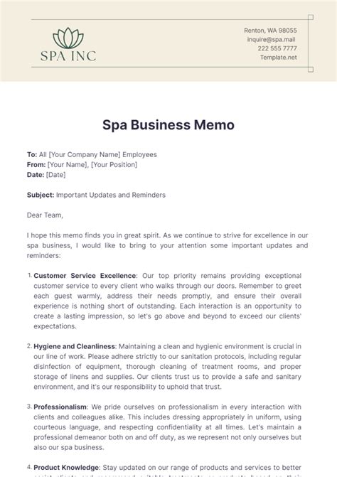 Free Spa Business Memo Template To Edit Online