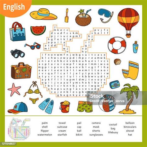 단어 검색 퍼즐 여름과 휴일 개체의 만화 세트입니다 영어 학습을위한 벡터 컬러 워크 시트 가로세로 낱말퍼즐에 대한 스톡 벡터 아트 및 기타 이미지 Istock