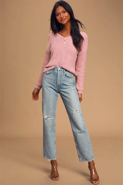 Cute Mauve Sweater V Neck Sweater Soft Knit Sweater Lulus