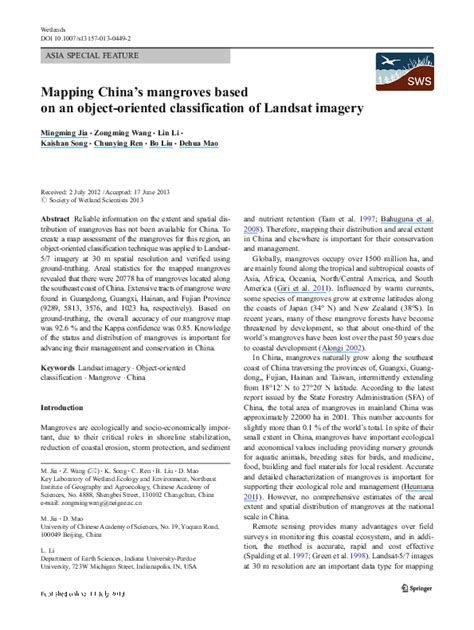 Pdf Mapping Chinas Mangroves Based On An Object Oriented Classification Of Landsat Imagery