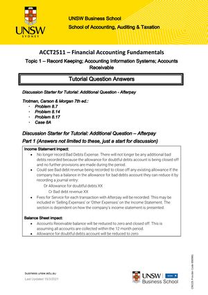 ACCT2511 Tutorial Preparation Week1 Week 1 Tutorial Questions