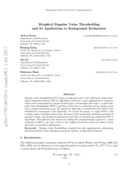Pdf Weighted Singular Value Thresholding And Its Application To