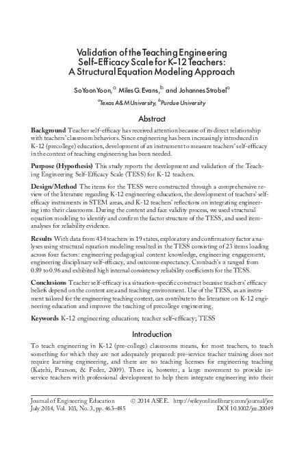 Pdf Validation Of The Teaching Engineering Self Efficacy Scale For K 12 Teachers A Structural