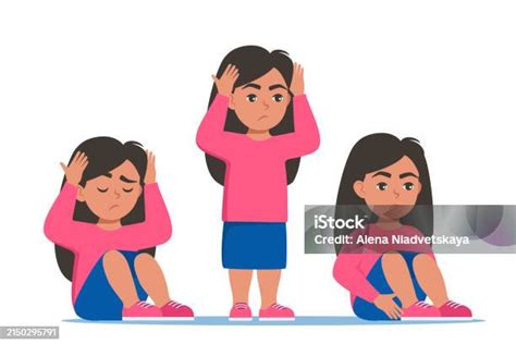슬픈 소녀는 다른 포즈로 서서 앉습니다 자폐증 아동 스트레스 정신 장애 불안 우울증 스트레스 두통 개성 개념에 대한 스톡 벡터 아트 및 기타 이미지 Istock