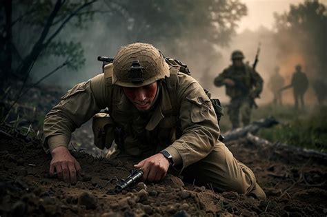 Selfless Heroism Soldiers Covering Fire In Chaos Premium Ai Generated