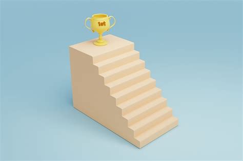 꼭대기 계단에 있는 3d 우승자 컵 비즈니스 성공 개념 3d 렌더링 일러스트레이션 3차원 형태에 대한 스톡 사진 및 기타 이미지
