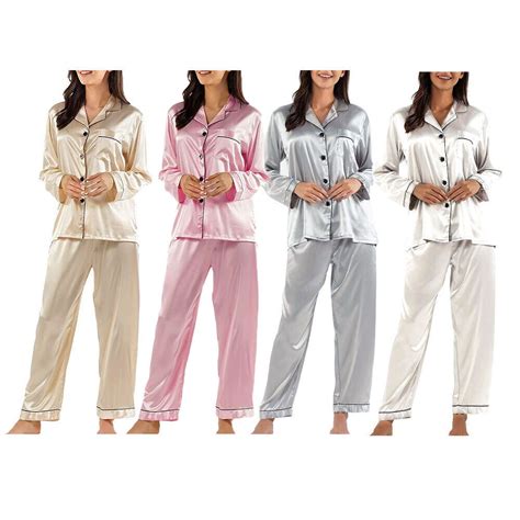 Damen Satin Pyjama Set Bequem Nachtwäsche Schlafanzug Loungewear