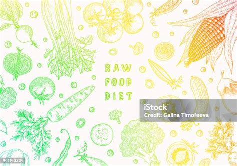 有機食品設計範本新鮮蔬菜手工畫的插圖框架與蔬菜彩色範本設計為標籤 設計功能表 食譜 海報 包裝設計 包裝紙向量圖形及更多健保和醫療圖片
