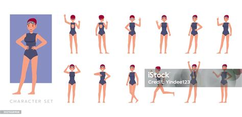 여성 수영 선수 캐릭터 벡터 디자인의 큰 집합입니다 감정 달리기 서기 걷기 등 다양한 행동으로 표현합니다 수영 동작 활동에 대한