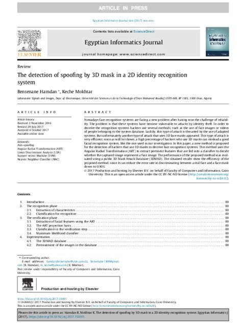 Pdf The Detection Of Spoofing By 3d Mask In A 2d Identity Recognition System