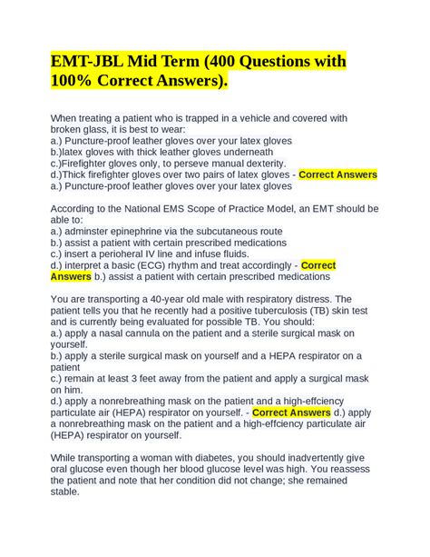 EMT JBL Mid Term Questions With Correct Answers Exams Medicine Docsity