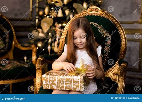 Маленькая усмехаясь девушка с подарочной коробкой рождества Стоковое Фото изображение