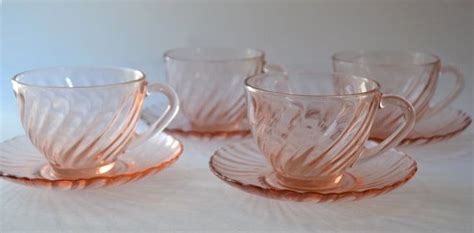 French Pink Glass Cups And Saucers Set Of 4 Vintage Etsy Pink Cups