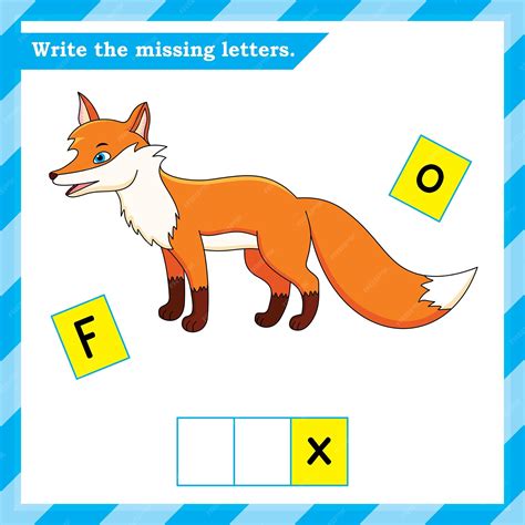 아이들을 위한 영어 워크시트 빠진 글자 쓰기 알파벳 연습 워크시트 Fox 프리미엄 벡터