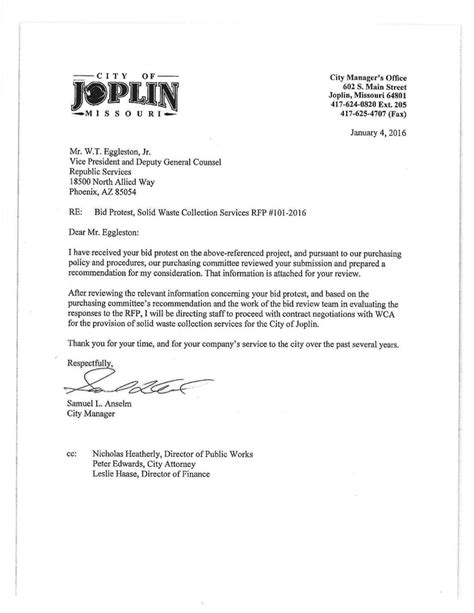 City Manager Reply To Republic 122315 Protest Letter