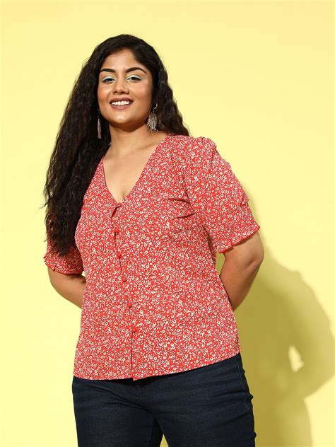 Women Plus Size Red And White Ditsy Floral Printed V Neck Puff Sleeve