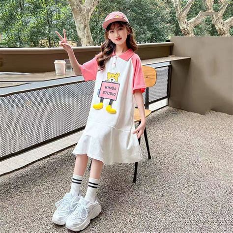 Ip ชุดเดรสเด็กผู้หญิงขนาดใหญ่ กระโปรง Polo เสื้อยืดการ์ตูนแขนสั้นสำหรับเด็กผู้หญิงขนาดกลางและ