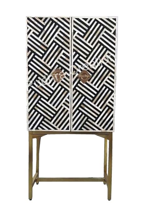 Handcrafted Bone Inlay Optical Bar Cabinet In Black And White Free