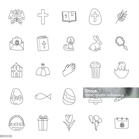 부활절 손으로 그린 선형 낙서 흰색 배경에 격리 웹 및 Ui 디자인 모바일 앱 및 인쇄 제품을 위한 부활절 아이콘 세트 기독교에 대한 스톡 벡터 아트 및 기타 이미지