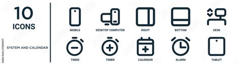 System And Calendar Outline Icon Set Such As Thin Line Mobile Right Desk Timer Alarm Tablet