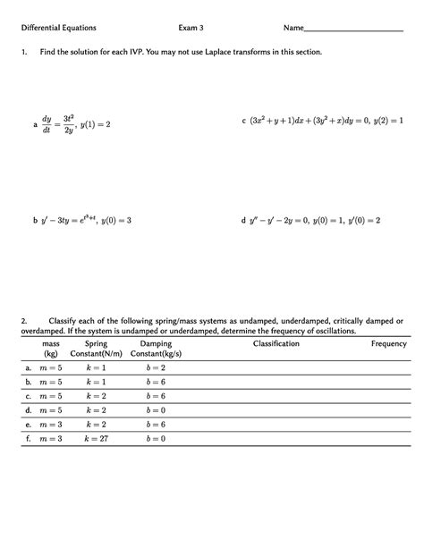 Differential Equations Exam 3 Find The Solution For Each Ivp You May