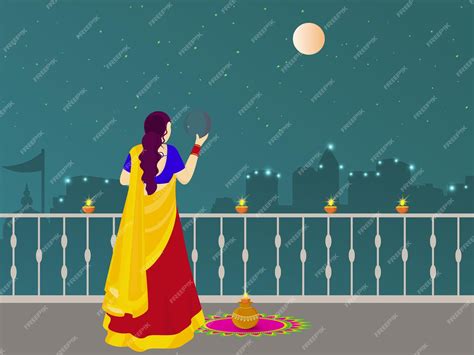 보름달 밤에 의식을 수행하는 젊은 인도 여성과 인도 힌두교 축제 Karwa Chauth 개념 프리미엄 벡터