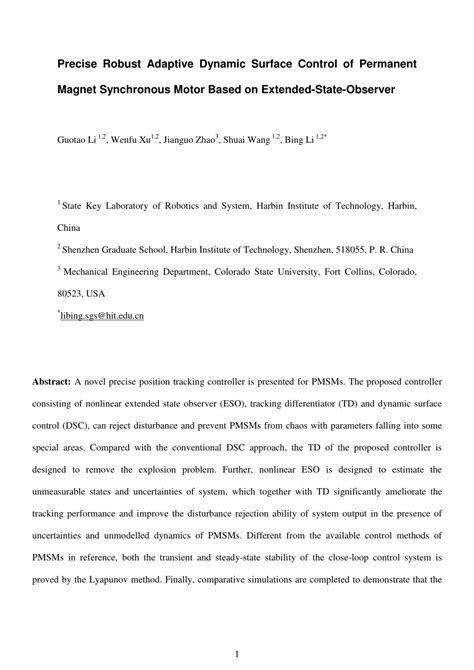 Pdf Precise Robust Adaptive Dynamic Surface Control Of Permanent