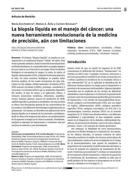 Pdf La Biopsia Líquida En El Manejo Del Cáncer Una Nueva Herramienta