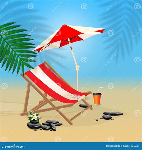 Umbrella Sun Lounger On The Beach Exotic Leaves Glasses Stones On