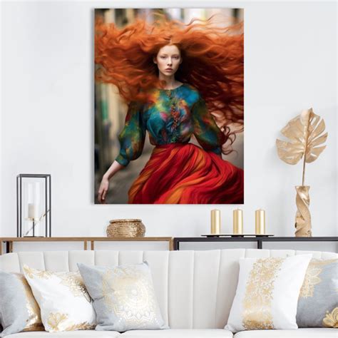 Mercer41 Radiant Young Woman Waving Orange Hair Red Dress Framed On