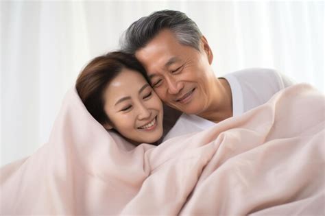 毛布で覆われたベッドで寝て抱き合う成熟したアジアのロマンチックなカップル プレミアム写真