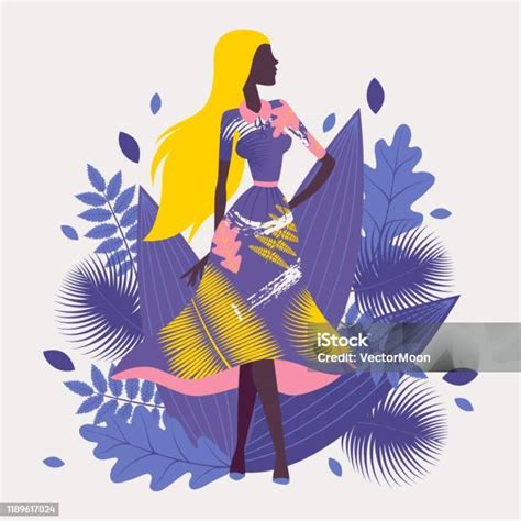 새로운 옷 컬렉션 벡터 일러스트를 보여주는 패션 모델 배경에 자연 잎패션 잡지의 표지에 우아한 드레스에 매력적인 슬림 소녀