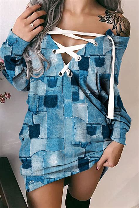 Wholesale Royal Blue Casual Street Print Bandage Patchwork V Neck